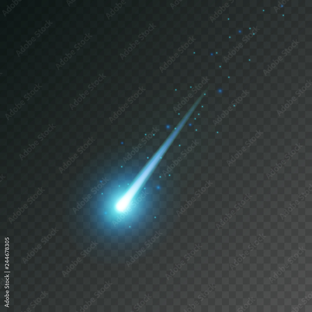 Comet shooting effect and glowing asteroids, stars at night sky. Blue ...