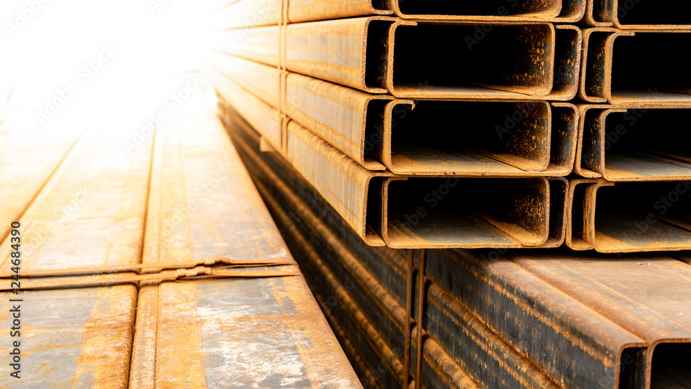 Channel steel or C-shape steel at construction site. Material for ...