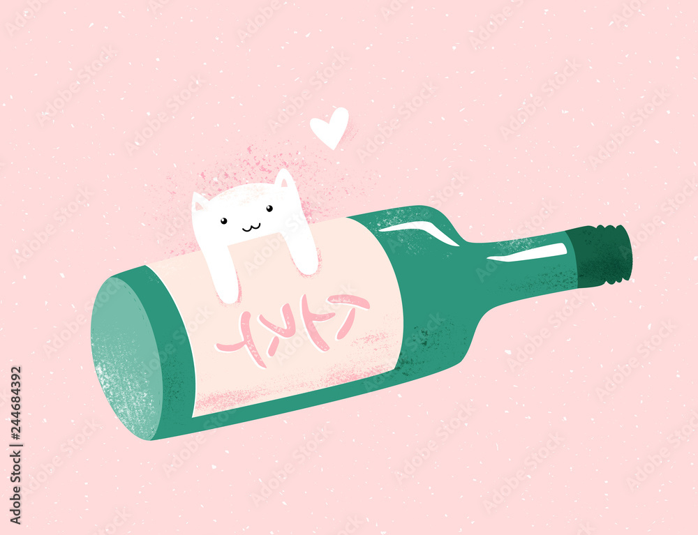 Funny illustration with bottle of soju and cute cat character with ...