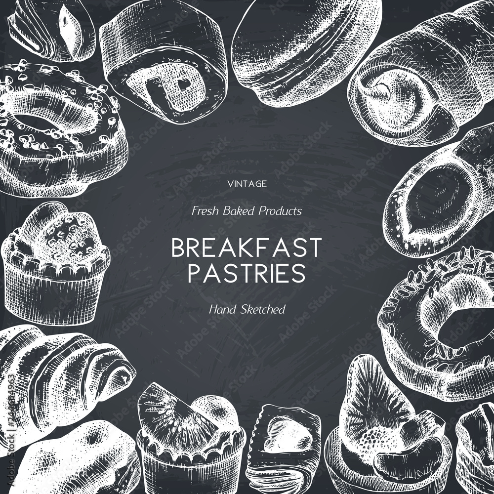 Breakfast Pastries and Desserts design. Vector drawing of hand sketched ...