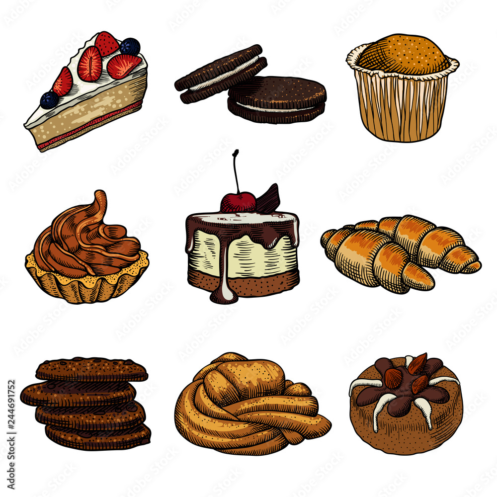 Set of nine pastries and buns on a white background. Freehand drawing ...