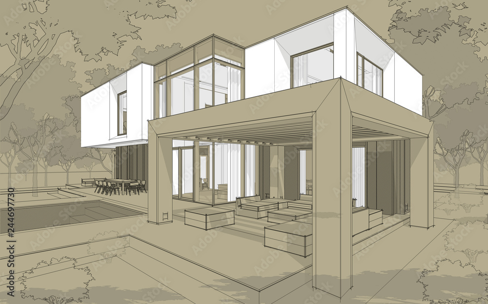 3d rendering sketch of modern cozy house in garden with garage for sale ...