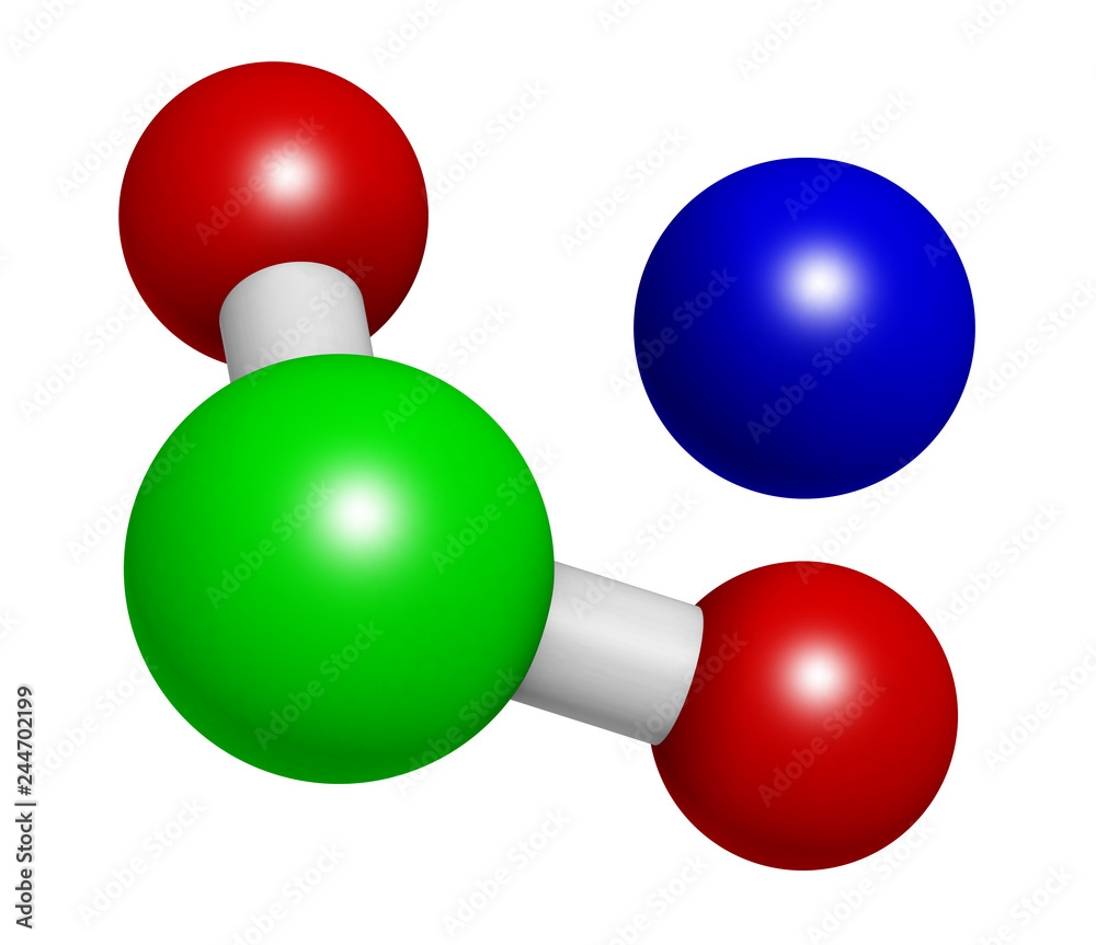 Sodium chlorite, chemical structure. 3D rendering. Atoms are ...