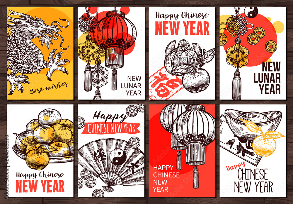 Sketch vector collection of cards for Chinese new lunar year. Hand ...