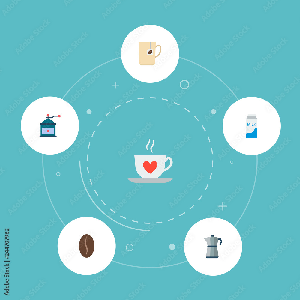 Set of coffee icons flat style symbols with pocket milk, coffee capsule ...