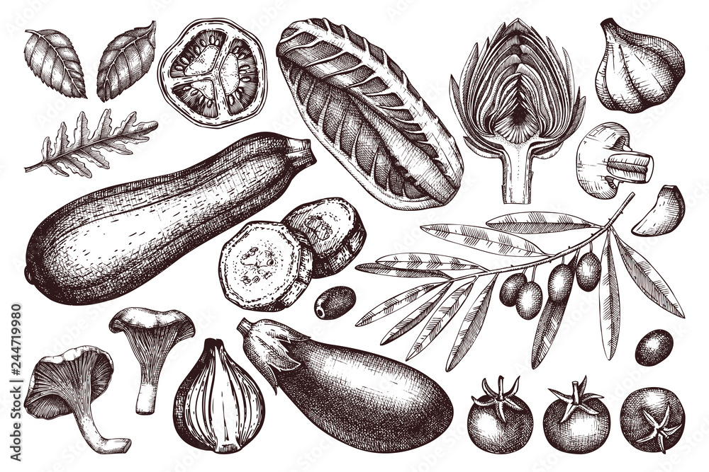 Vector Collection of Hand drawn vegetables, spices, mushroomes sketches ...