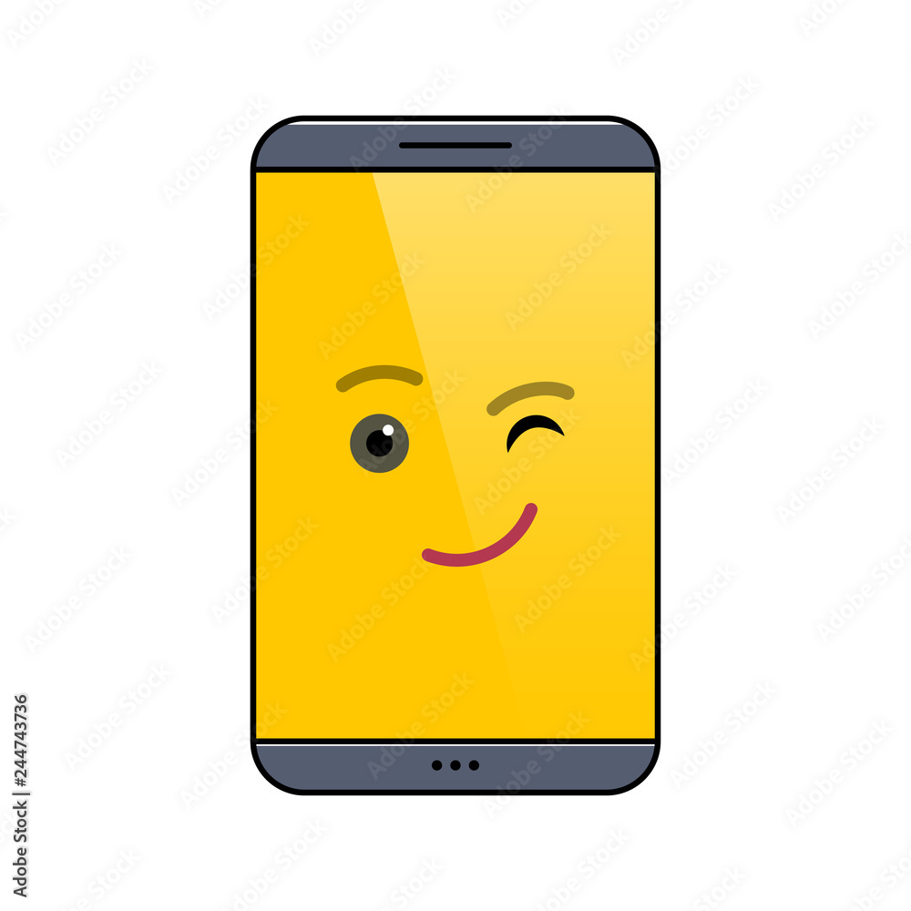 Winking mobile phone isolated emoticon icon. Playful digital device ...