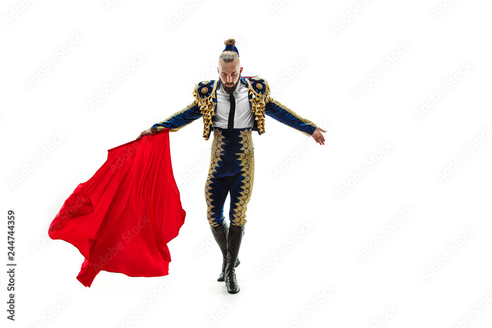 Torero in blue and gold suit or typical spanish bullfighter isolated ...