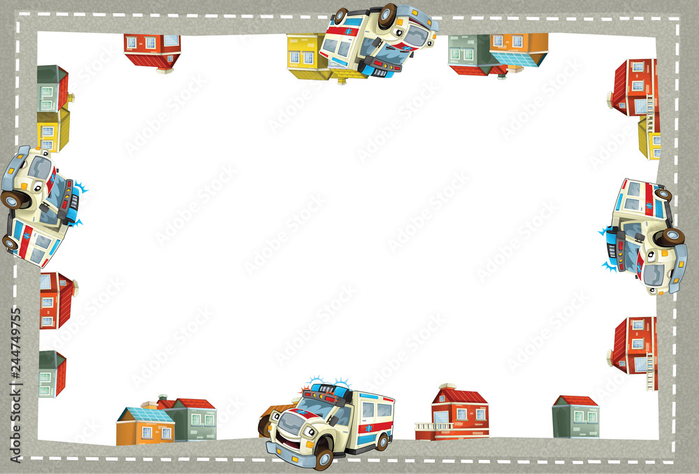 cartoon scene with ambulance in the city - border title page with white ...