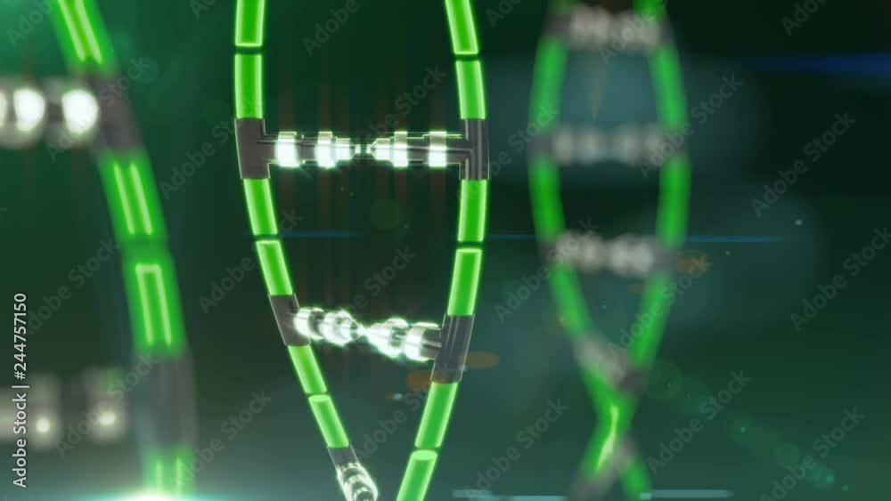 Futuristic tech DNA strand rotating on screen, AI, robots, cyborgs ...