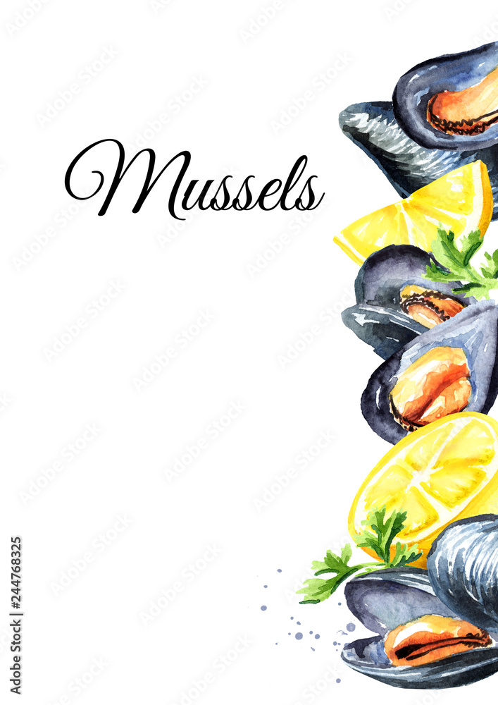 Mussels with lemon and herb, seafood card template, Watercolor hand ...