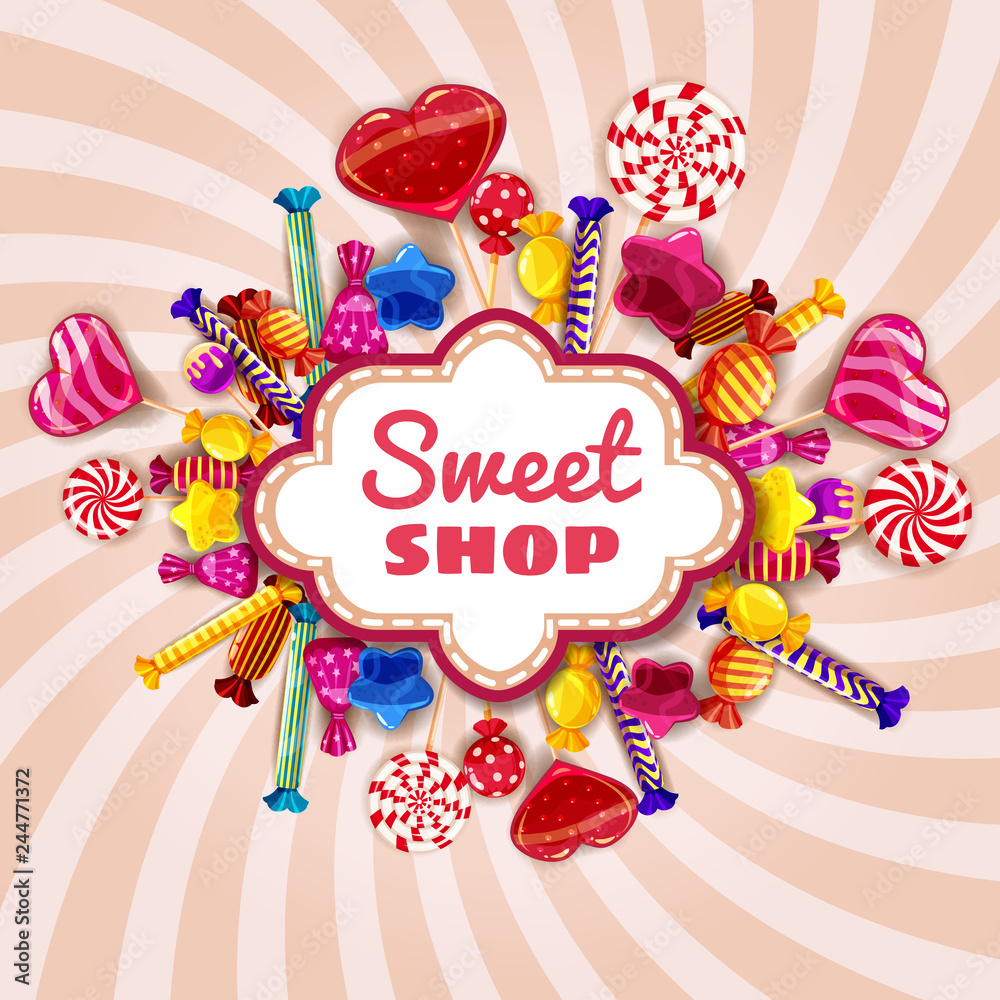 Candy shop frame template background with set of different colors of ...