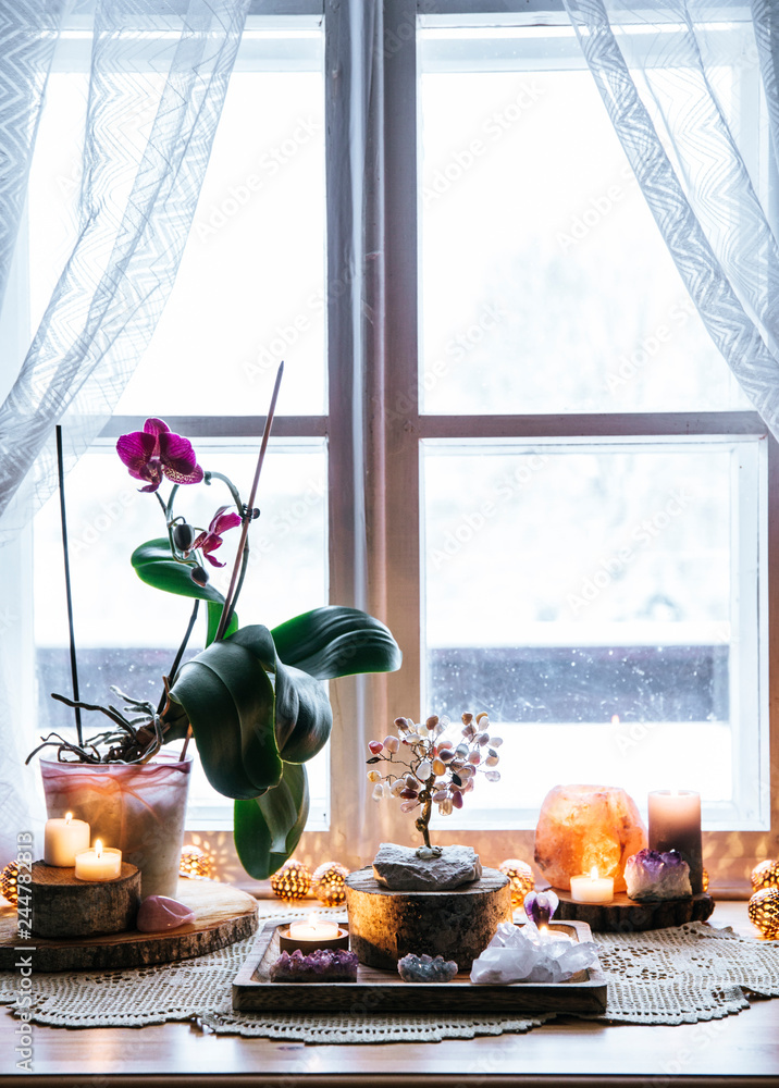 Feng Shui nature theme altar at home table and on window sill. Earth ...