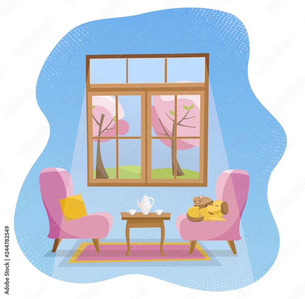 Cozy flat concept home Living room interior. Pink soft armchairs with ...