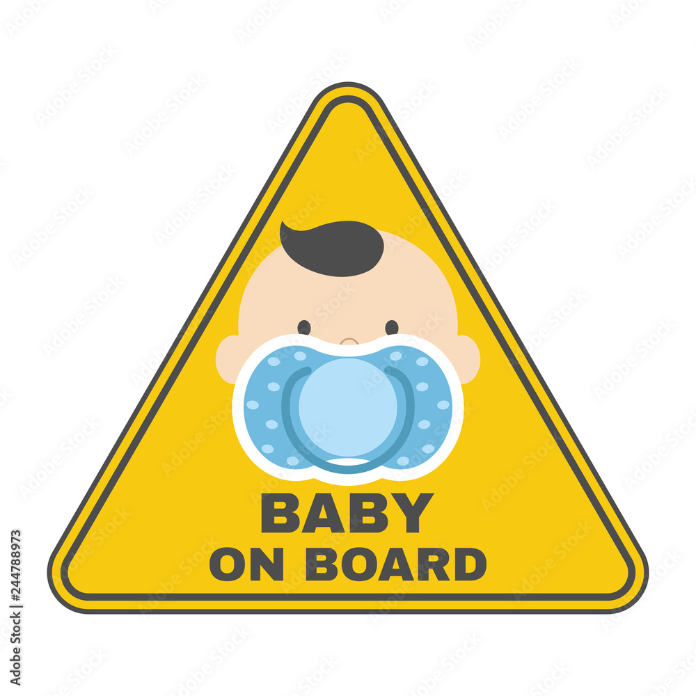 Baby on board sign with boy child face with blue nipple in yellow ...