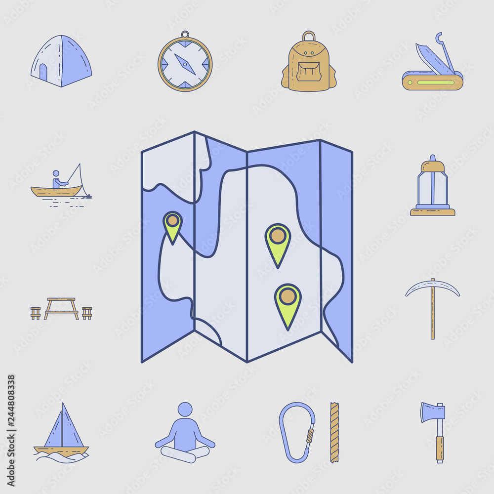 tourist map icon. Detailed set of color camping tool icons. Premium ...