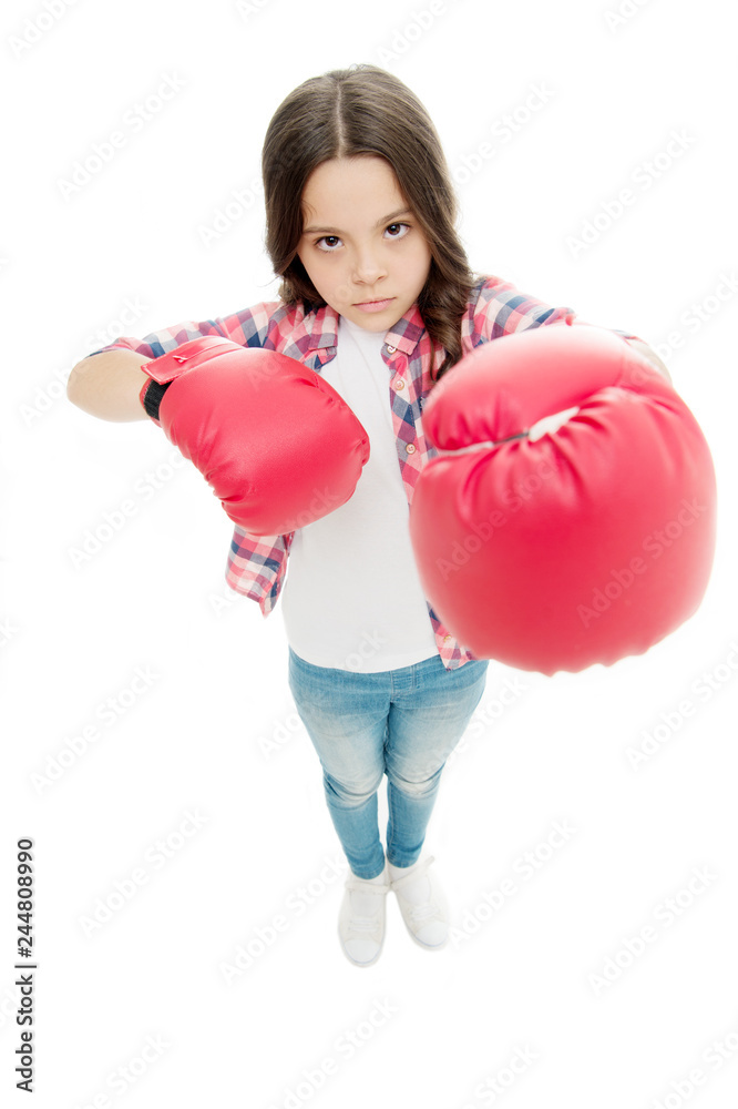 Kid boxing gloves isolated white. Child boxer defend herself. Sport ...