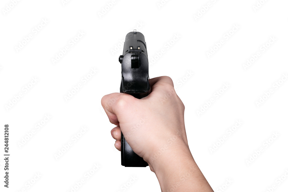 female hand holding gun aiming in subjective point of view POV isolated ...