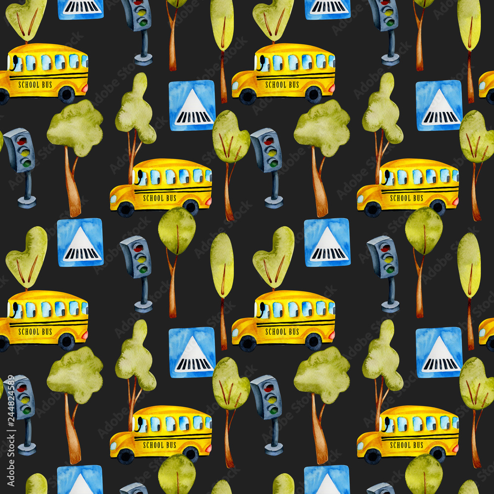 Watercolor school buses, traffic lights and trees seamless pattern ...