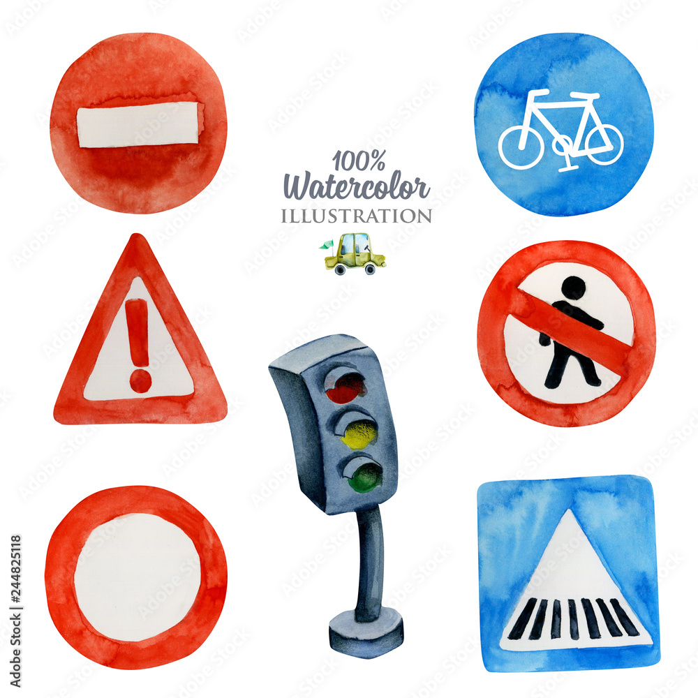 Watercolor road signs and traffic light collection, illustration for ...