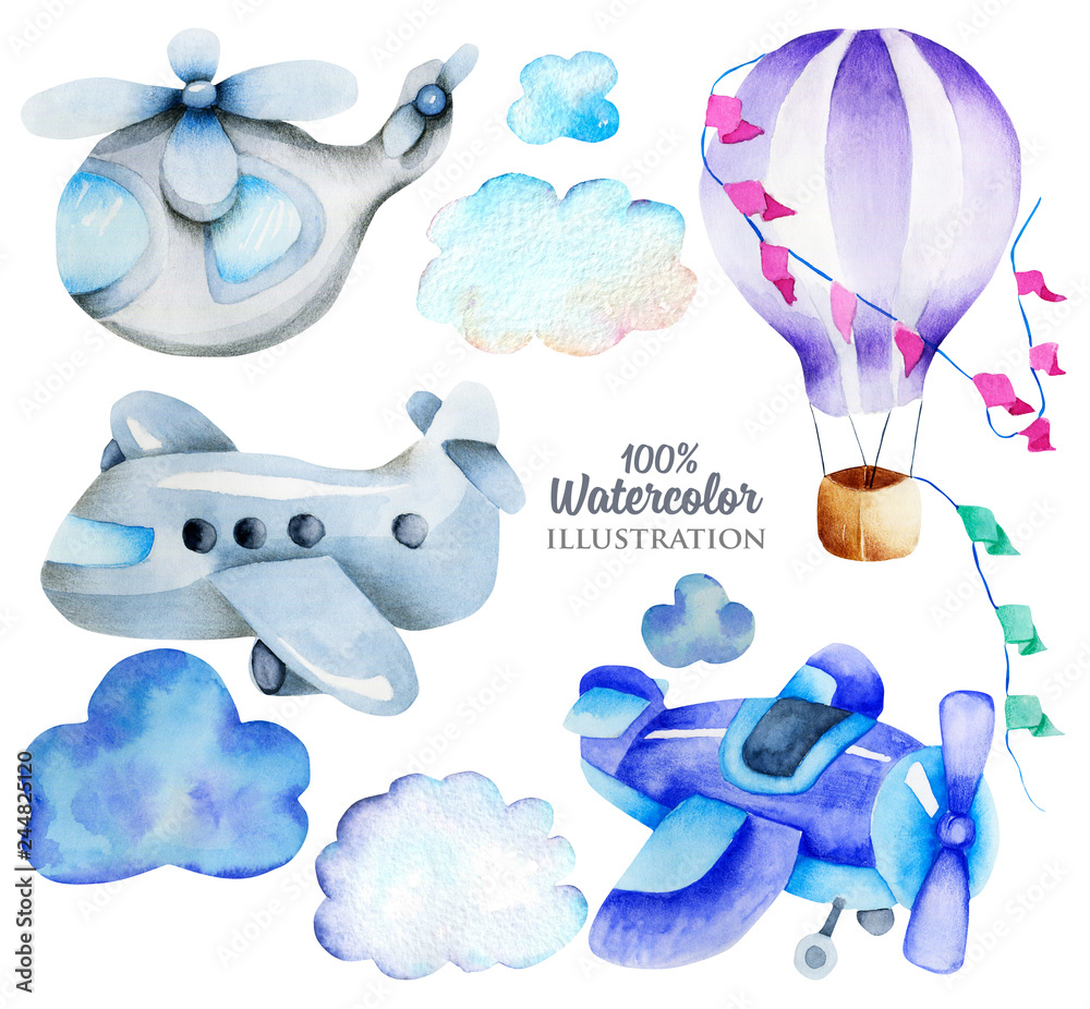 Watercolor air transport elements (airplane, helicopter, hot balloon ...