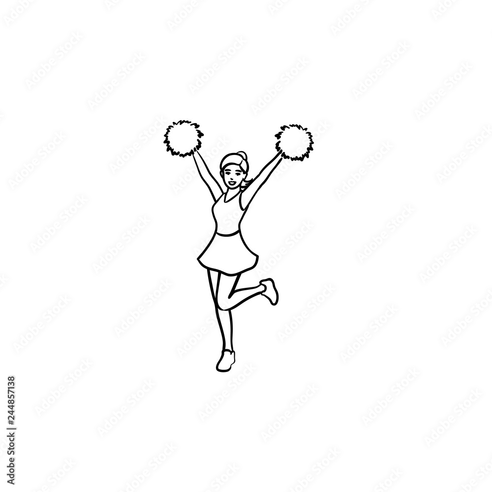 Cheerleader girl jumping with hands up waving pompoms hand drawn ...