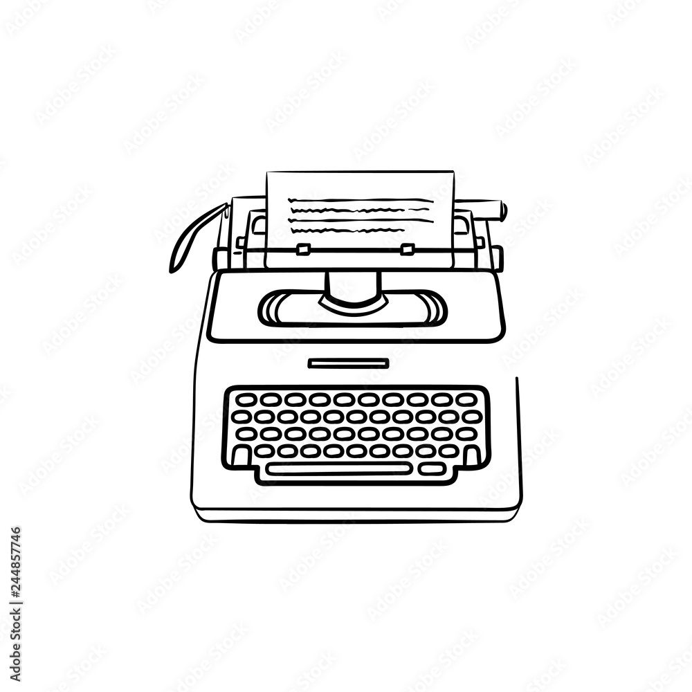 Typewriter with paper hand drawn outline doodle icon. Story writting ...