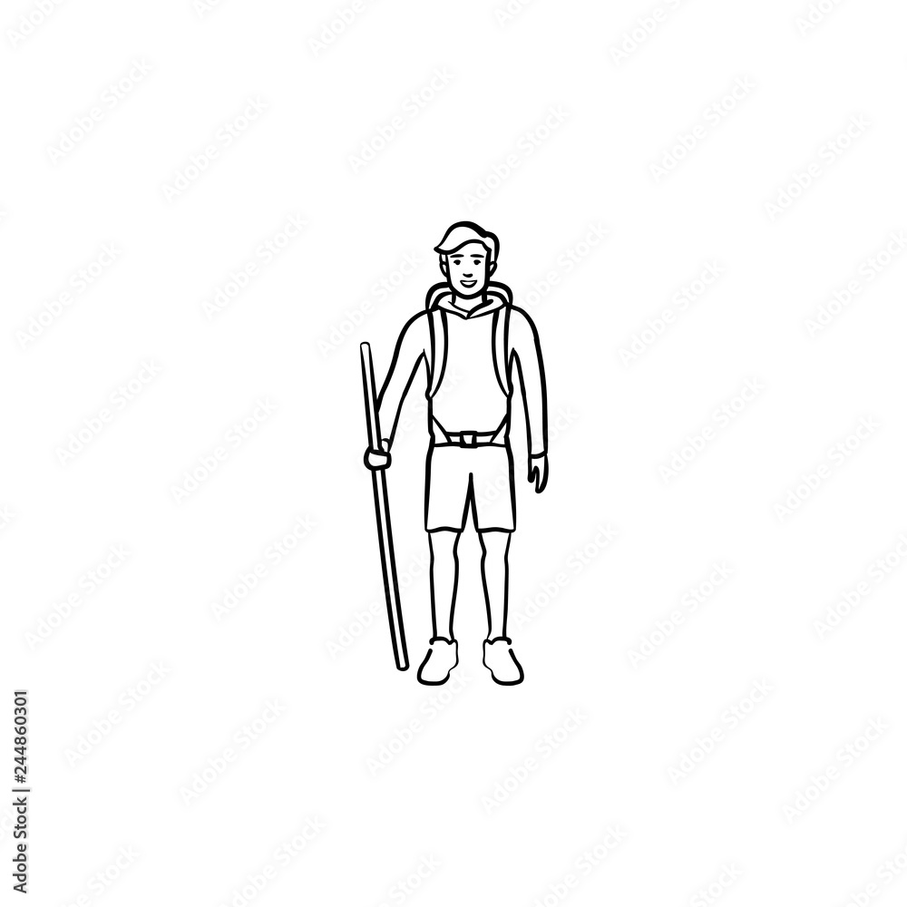 Hiker with backpack and walking stick hand drawn outline doodle icon ...