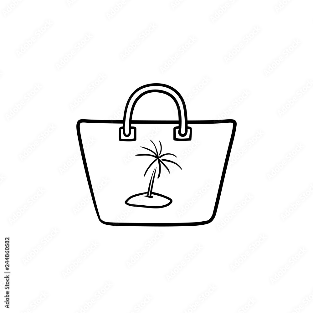 Beach bag hand drawn outline doodle icon. Beach accessories, handbad ...