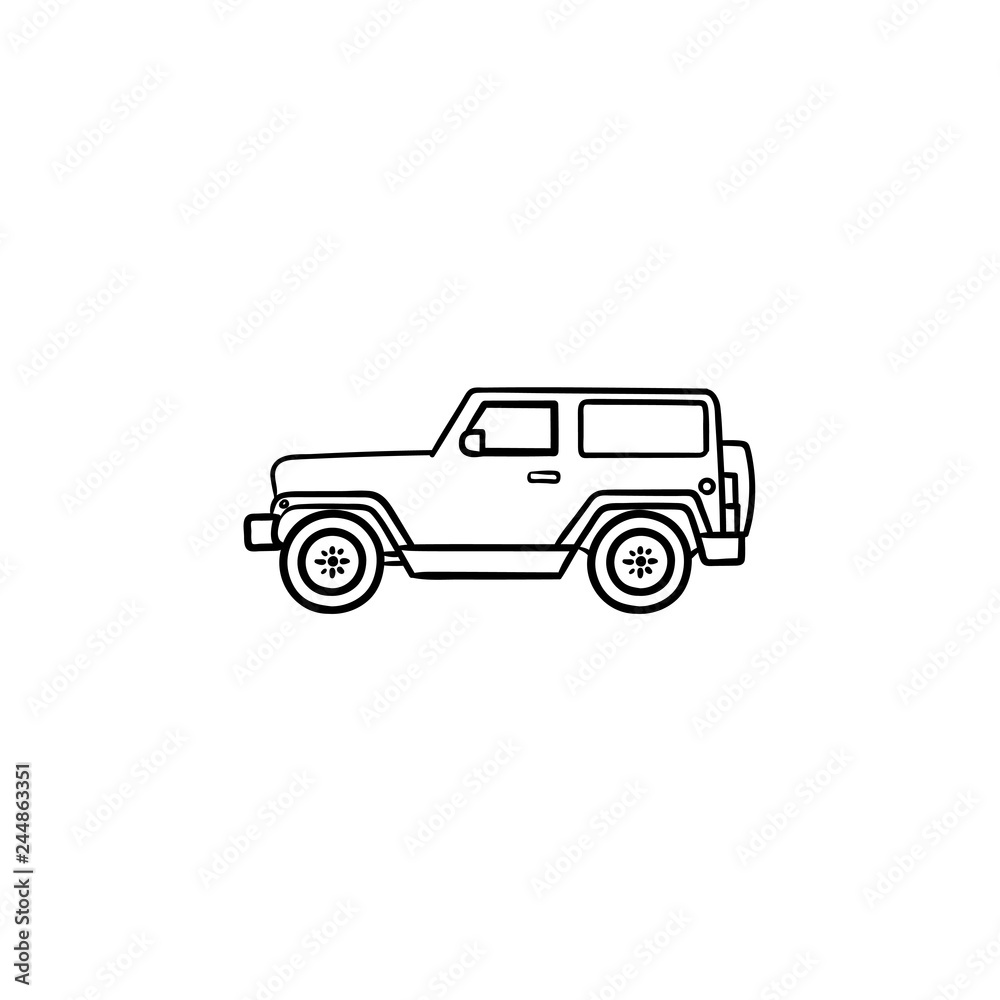 Jeep travel hand drawn outline doodle icon. Summer travel and vacation ...