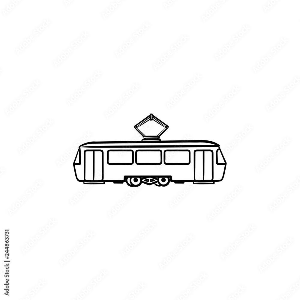 Tram hand drawn outline doodle icon. Public transport, streetcar and ...