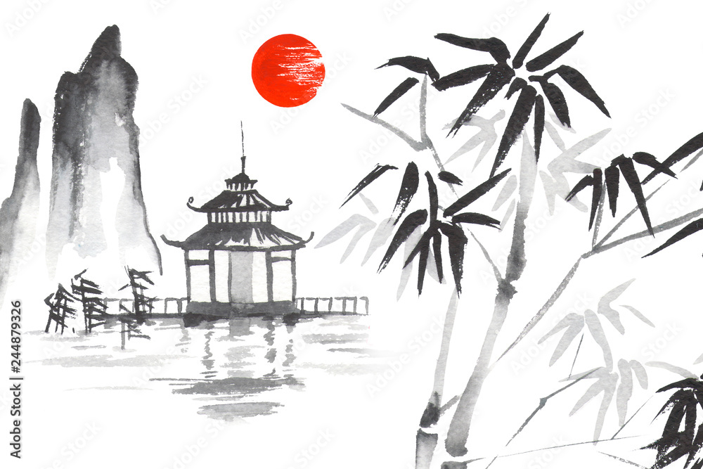 Japan Traditional japanese painting Sumi-e art Sakura Temple Stock ...