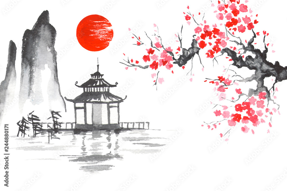 Japan Traditional japanese painting Sumi-e art Sun Lake River Hill ...
