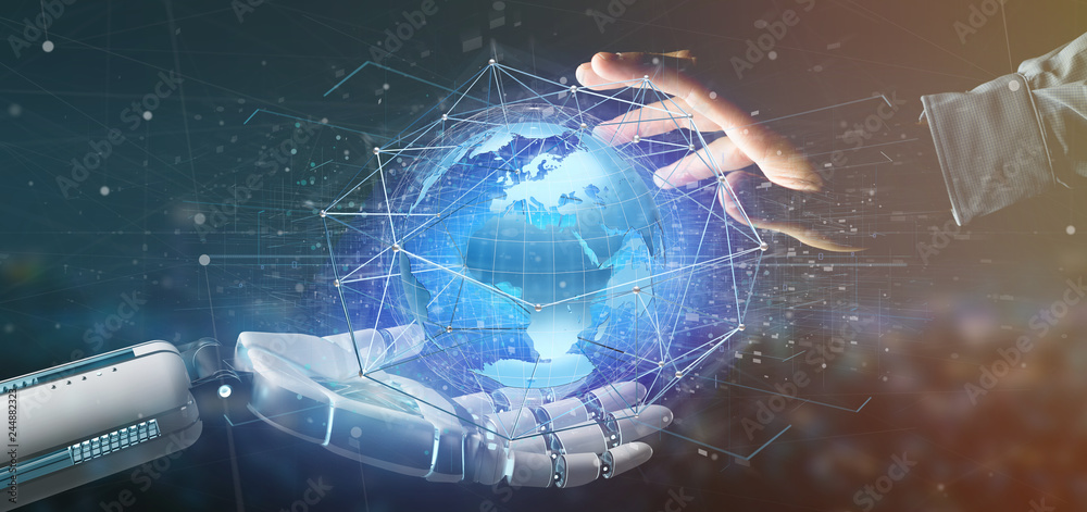 Cyborg hand holding a Connected network over a earth globe concept on a ...