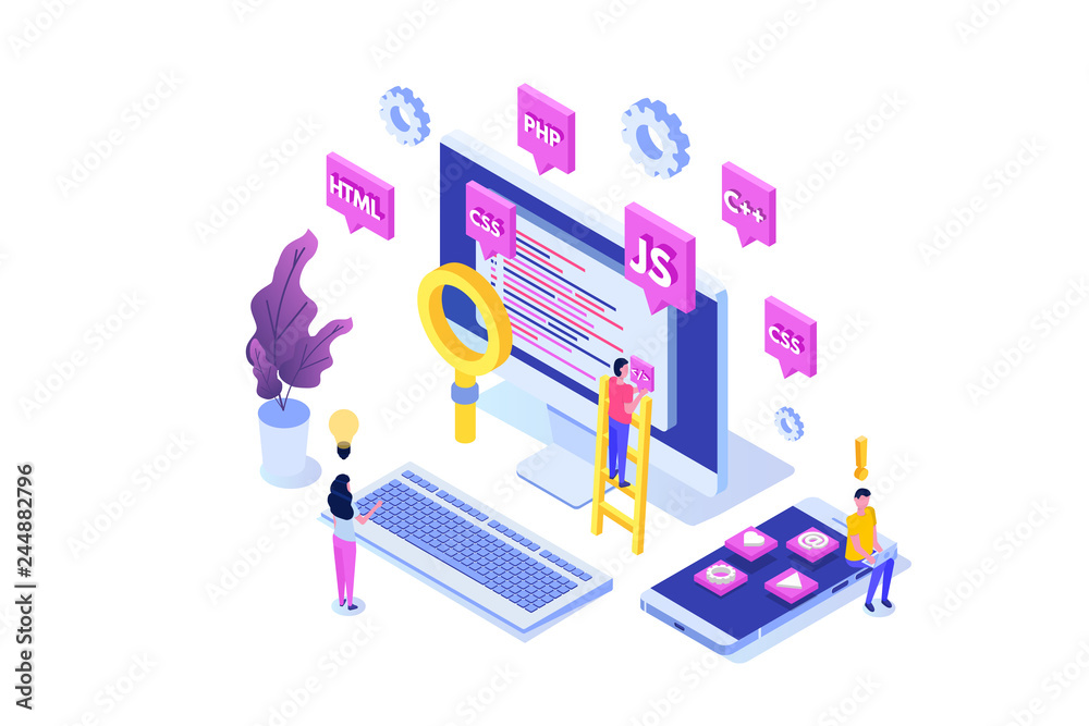 Programming Software or app development isometric concept, big data ...