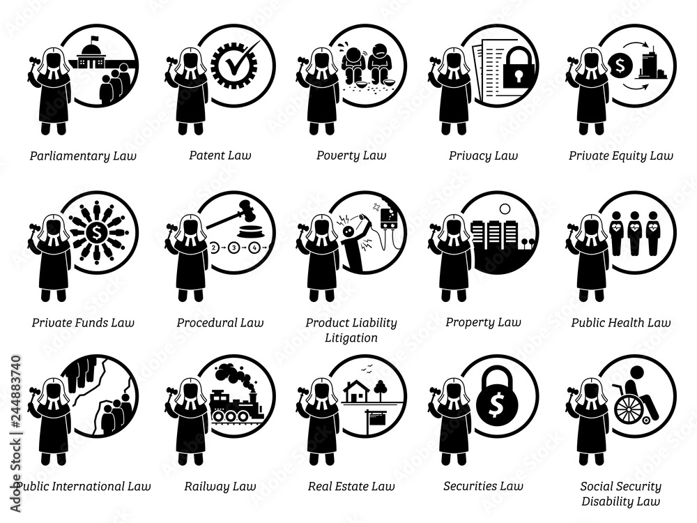 Different type of laws. Icons depict field and area of laws, justice ...