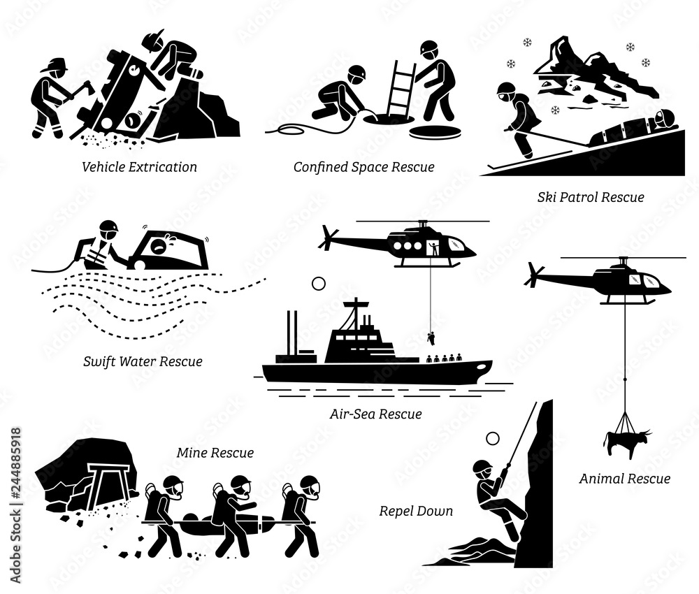 Rescue operations pictograms. Illustrations depict life saving and ...
