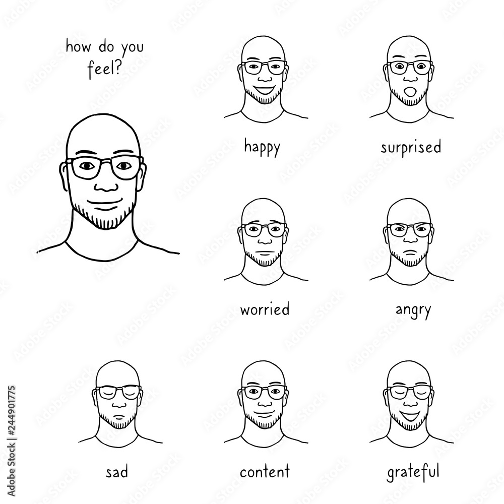Hand drawn illustration of a man's face revealing various emotions and ...