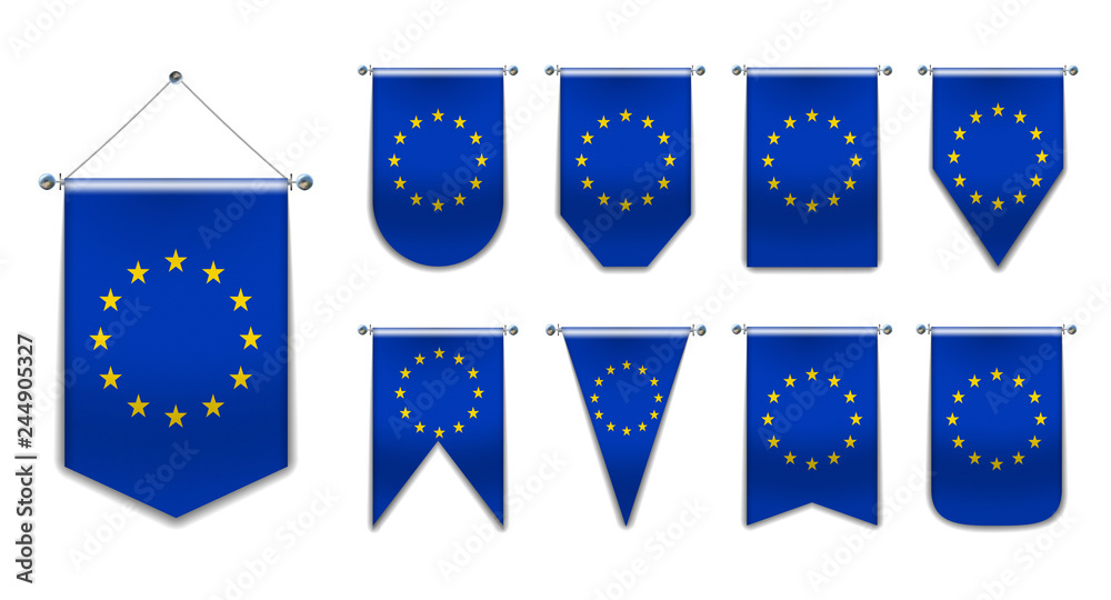 Set of hanging flags of the EUROPEAN UNION with textile texture ...