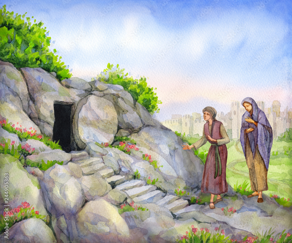 Open empty tomb. Watercolor painting Stock Photo | Adobe Stock