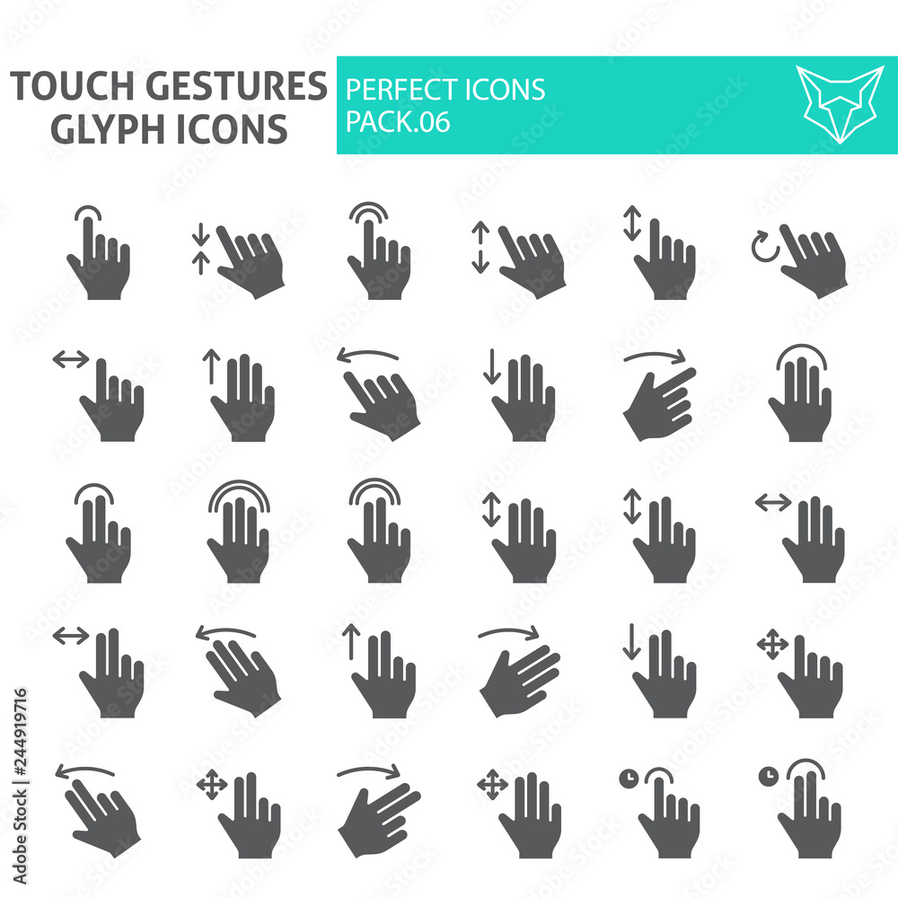 Touch gestures glyph icon set, click symbols collection, vector ...