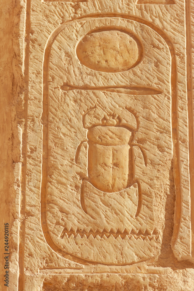 Scarab hieroglyph carving on the wall in the Temple of Queen Hatshepsut ...