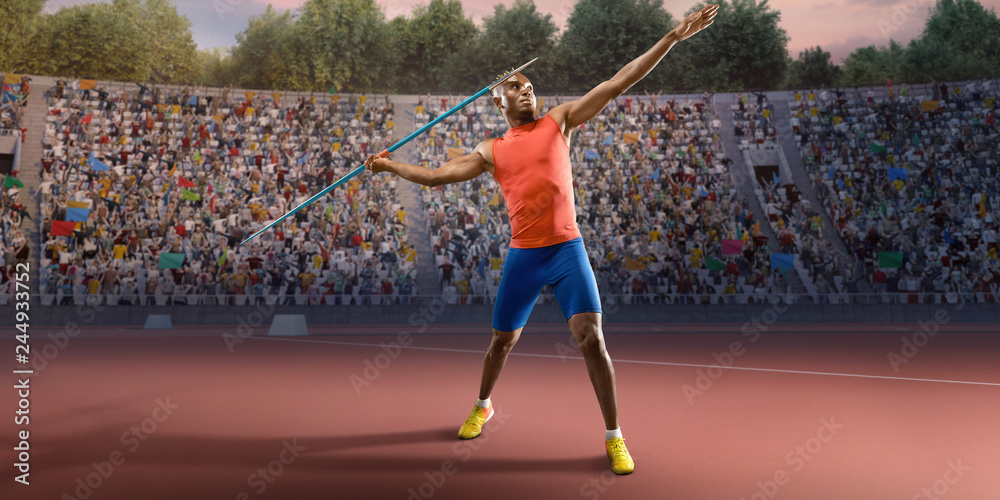 Young black male javelin thrower throwing a spear. Athlete in sport ...