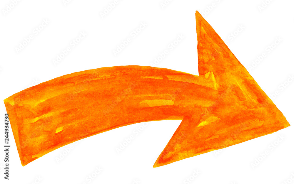 Orange arrow sign has drawn by watercolor paint brush stroke and has ...