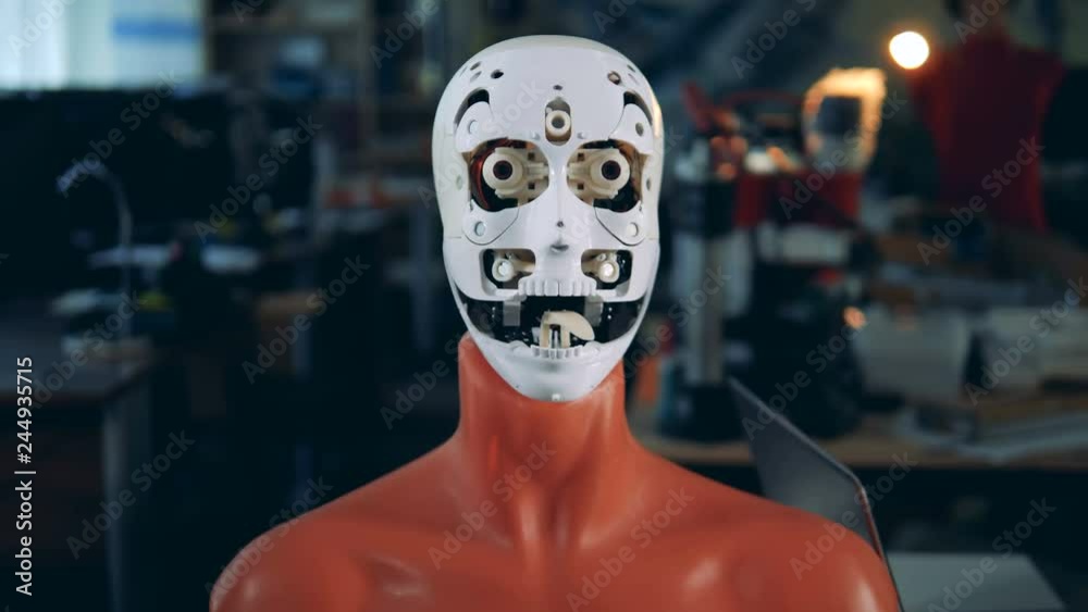 Cybernetic head opens its mouth and moves its tongue Stock Video ...