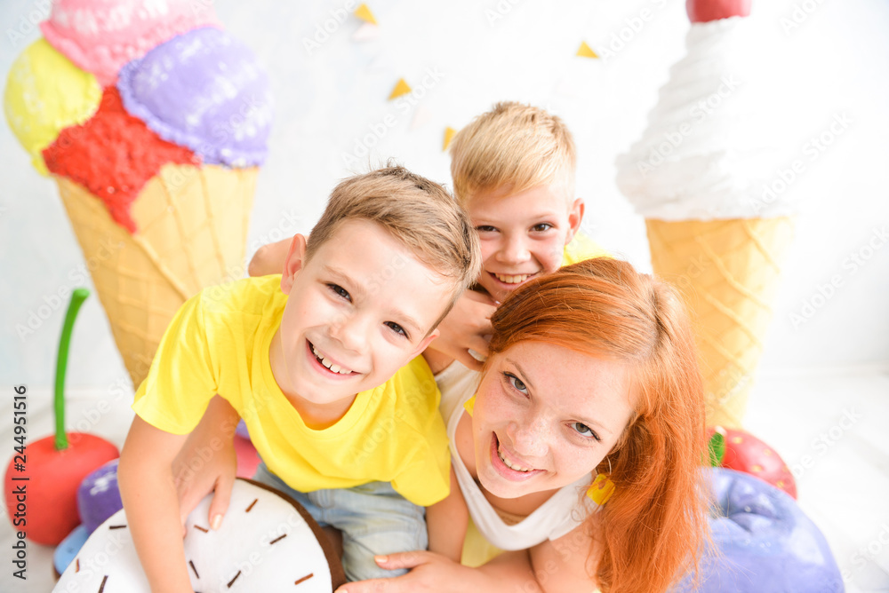 Candy Bar with Sweets. Cake, cookies, creamy muffins, fresh berries for ...