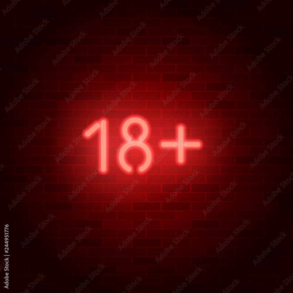 Neon vector adult sign 18 plus on brick wall. Age rating symbol Stock ...