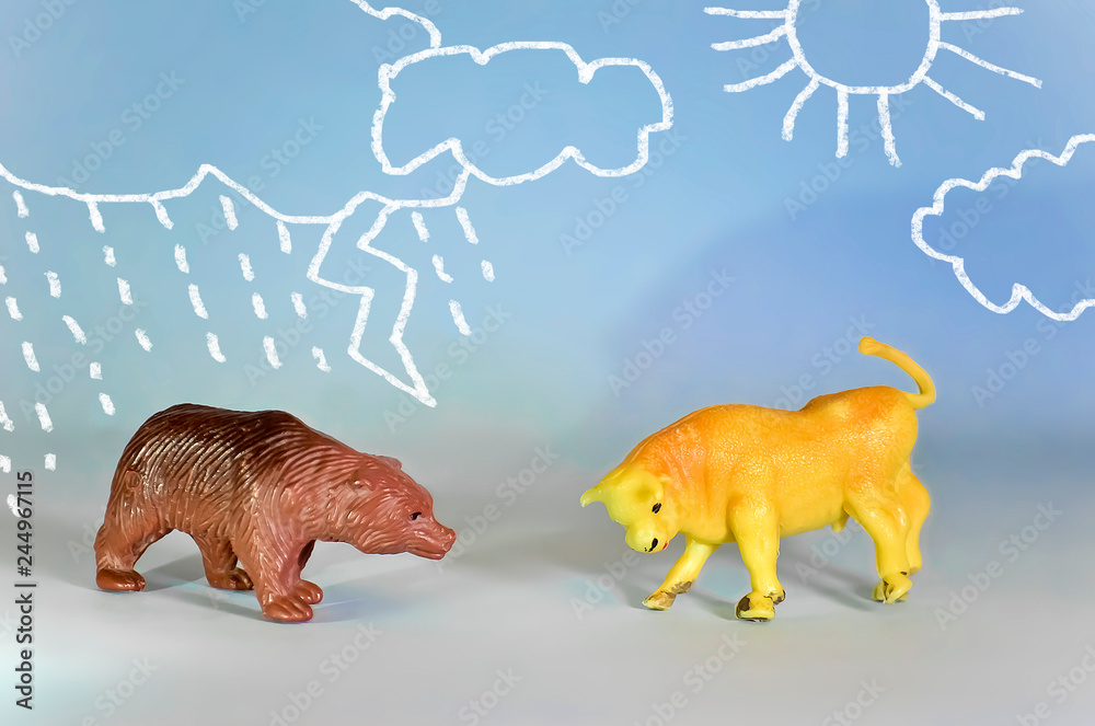 Bear and Bull with Stormy and Sunny Weather Conditions Stock Photo ...