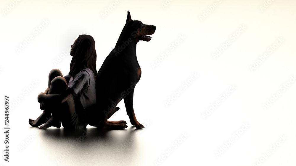 Young lady sitting back to back with her doberman dog supporting each ...