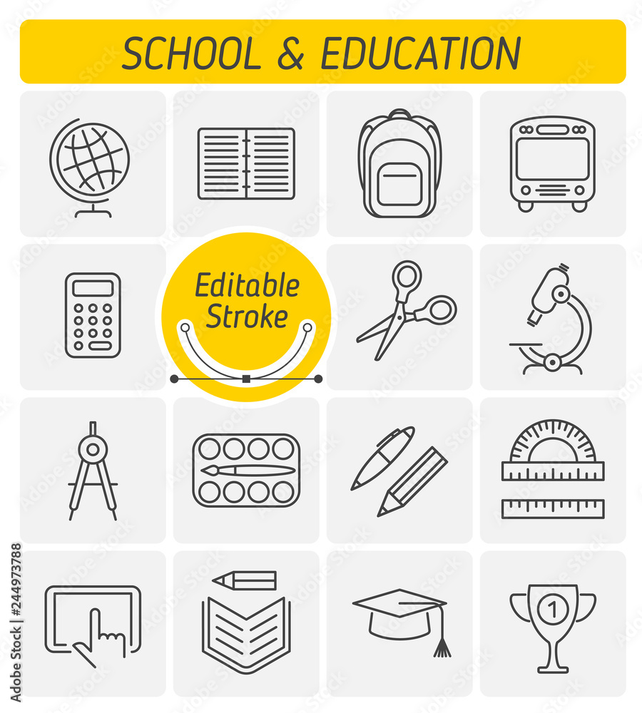 The school and education outline icon set. The school bus, online ...